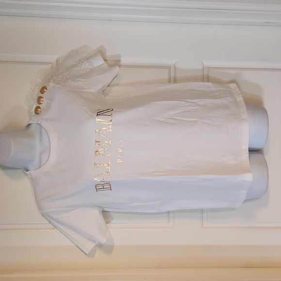 Balmain | Tops | Balmain Button Shoulder Cotton Logo Graphic Tshirt ...